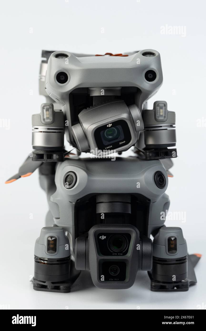 New York, USA - May 11, 2024: Two DJI air drones on top of each other ...