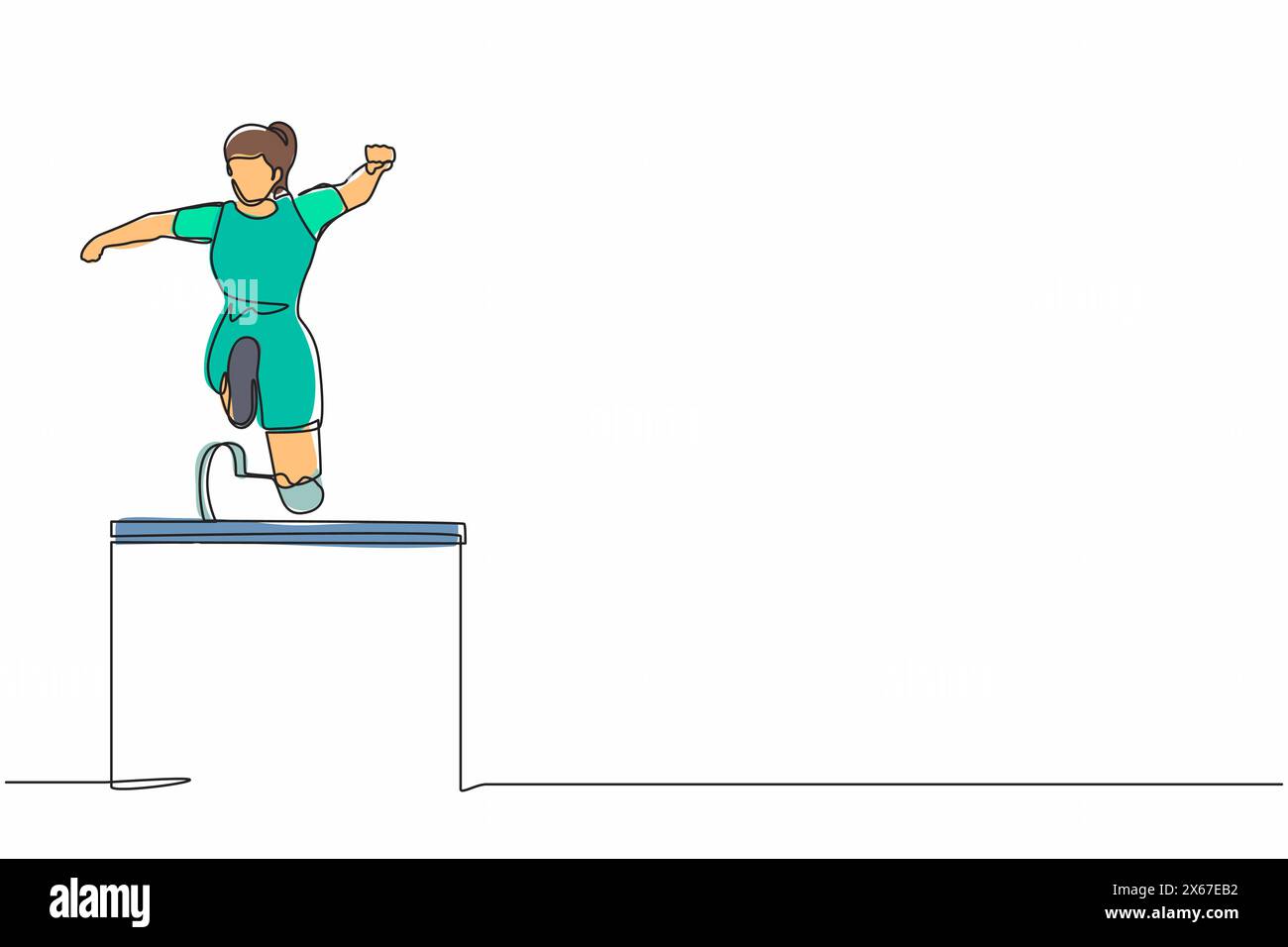 Single continuous line drawing front view amputated female athlete ...