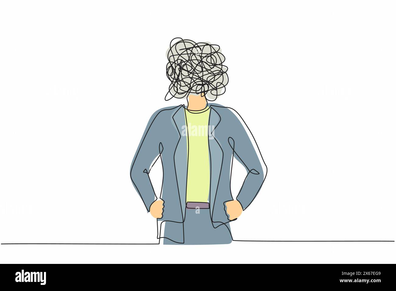 Single one line drawing businesswoman with round scribbles instead of ...