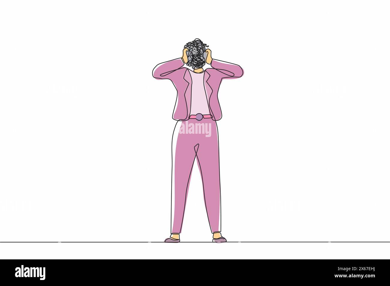 Single continuous line drawing businesswoman with round scribbles ...