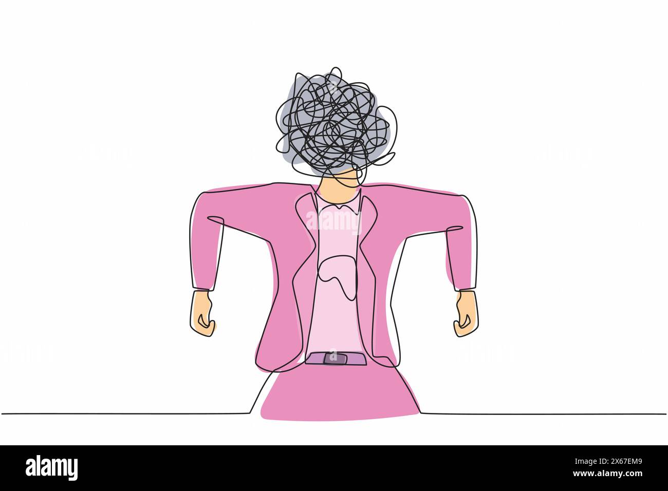 Single continuous line drawing businesswoman with round scribbles ...