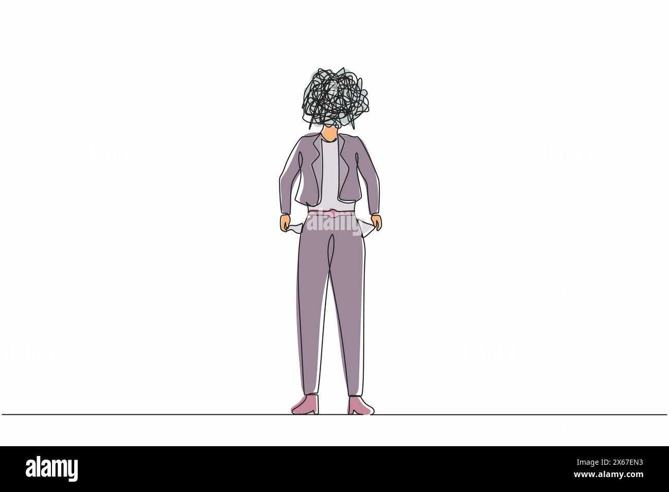 Single one line drawing businesswoman with round scribbles instead of ...