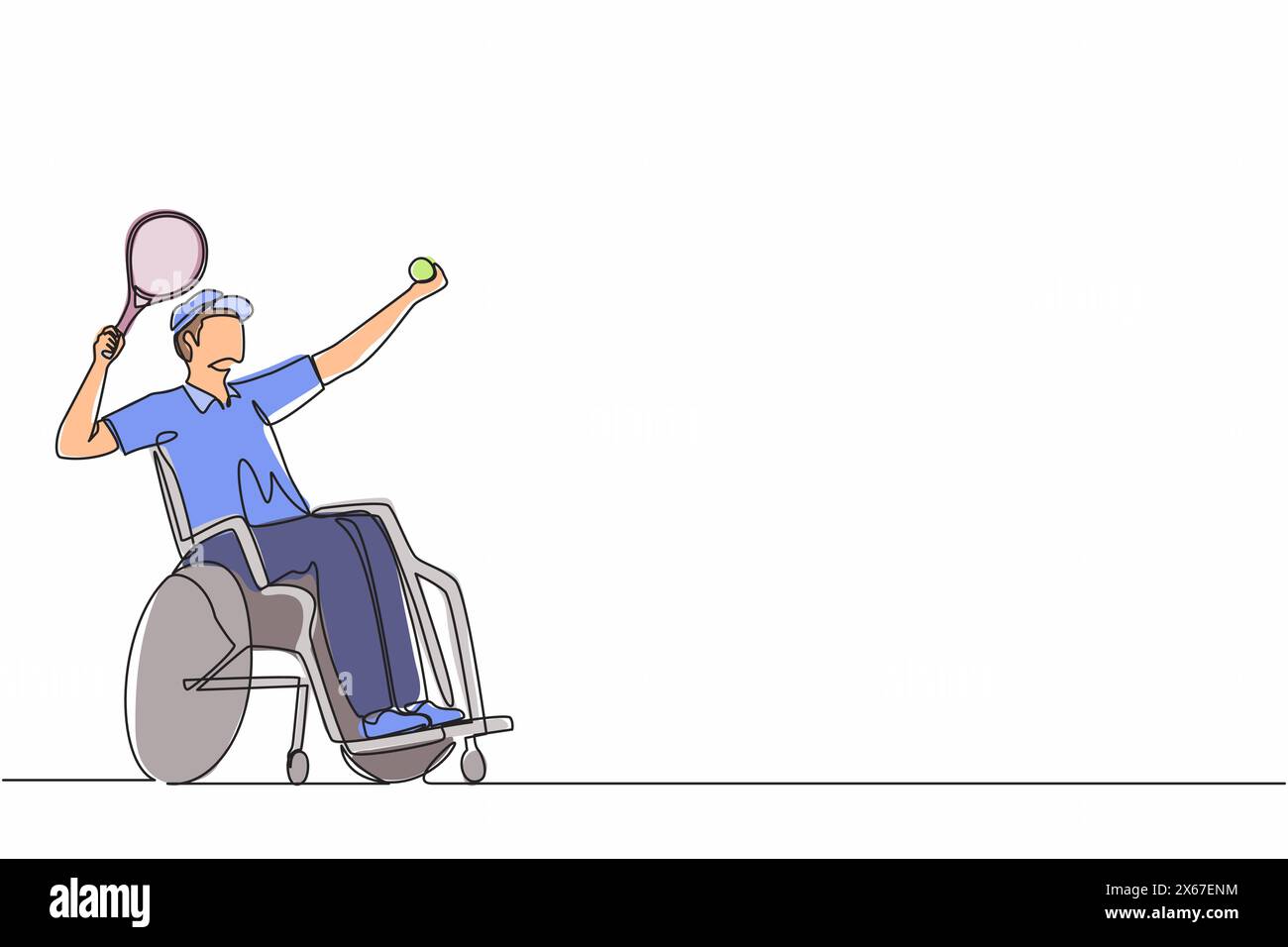Single continuous line drawing male athlete with disability playing ...