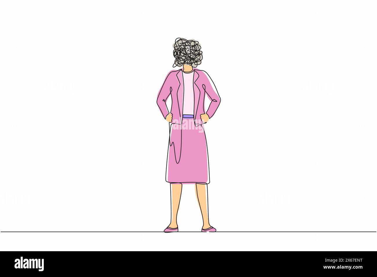 Single continuous line drawing businesswoman with round scribbles ...