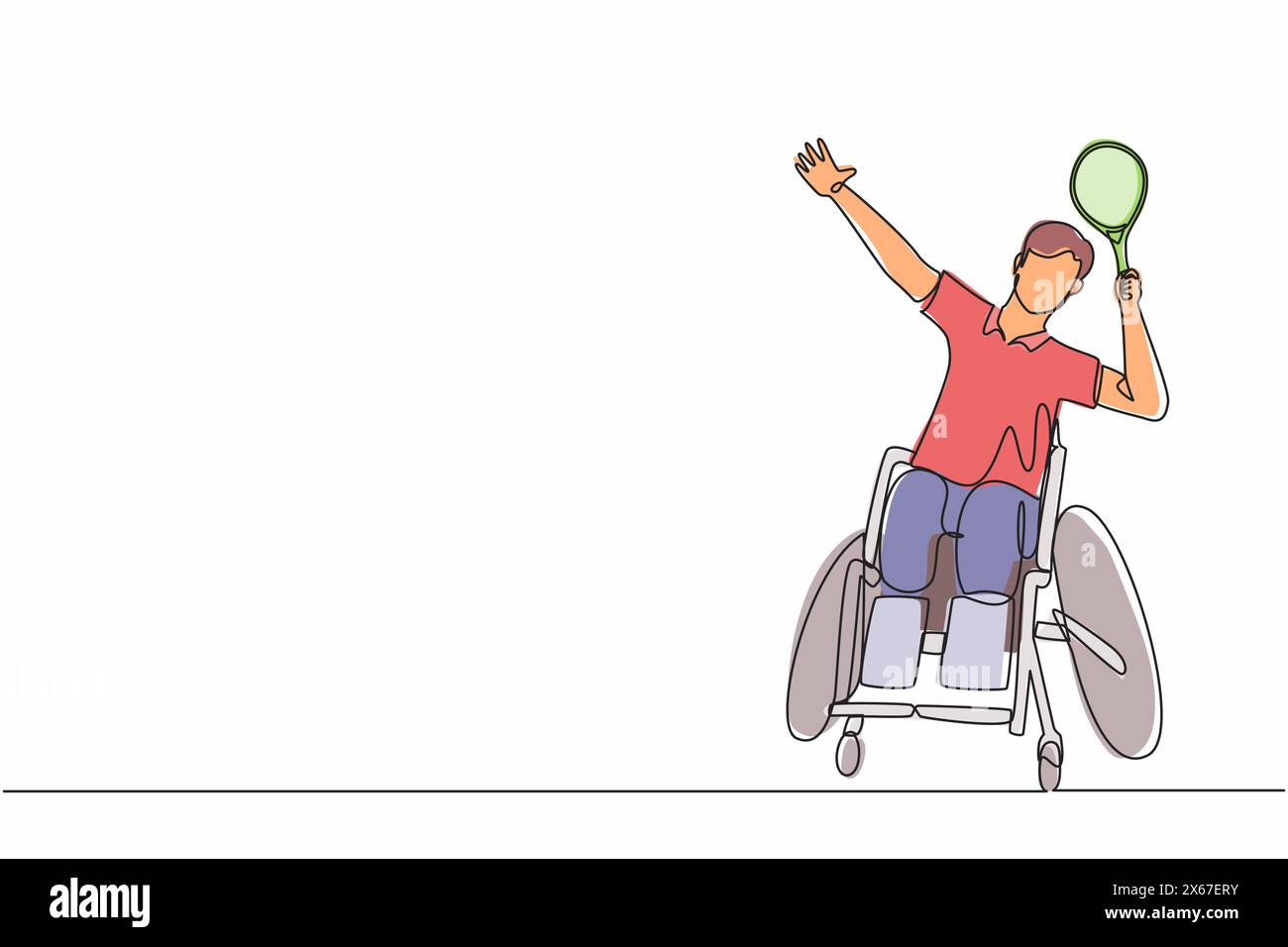 Single continuous line drawing badminton player sitting on wheelchair ...