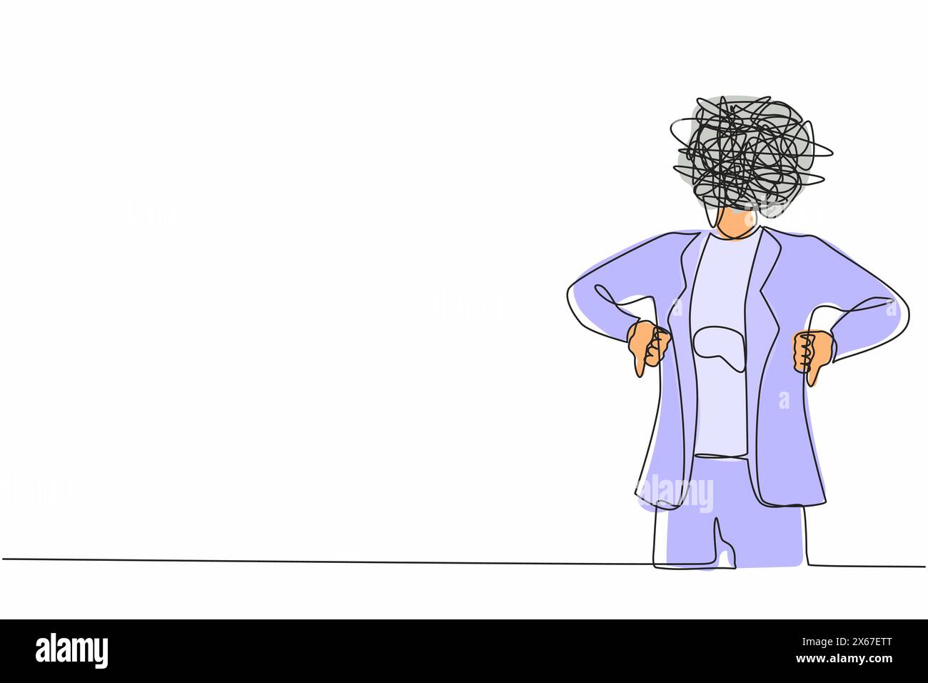 Single continuous line drawing businesswoman with round scribbles ...