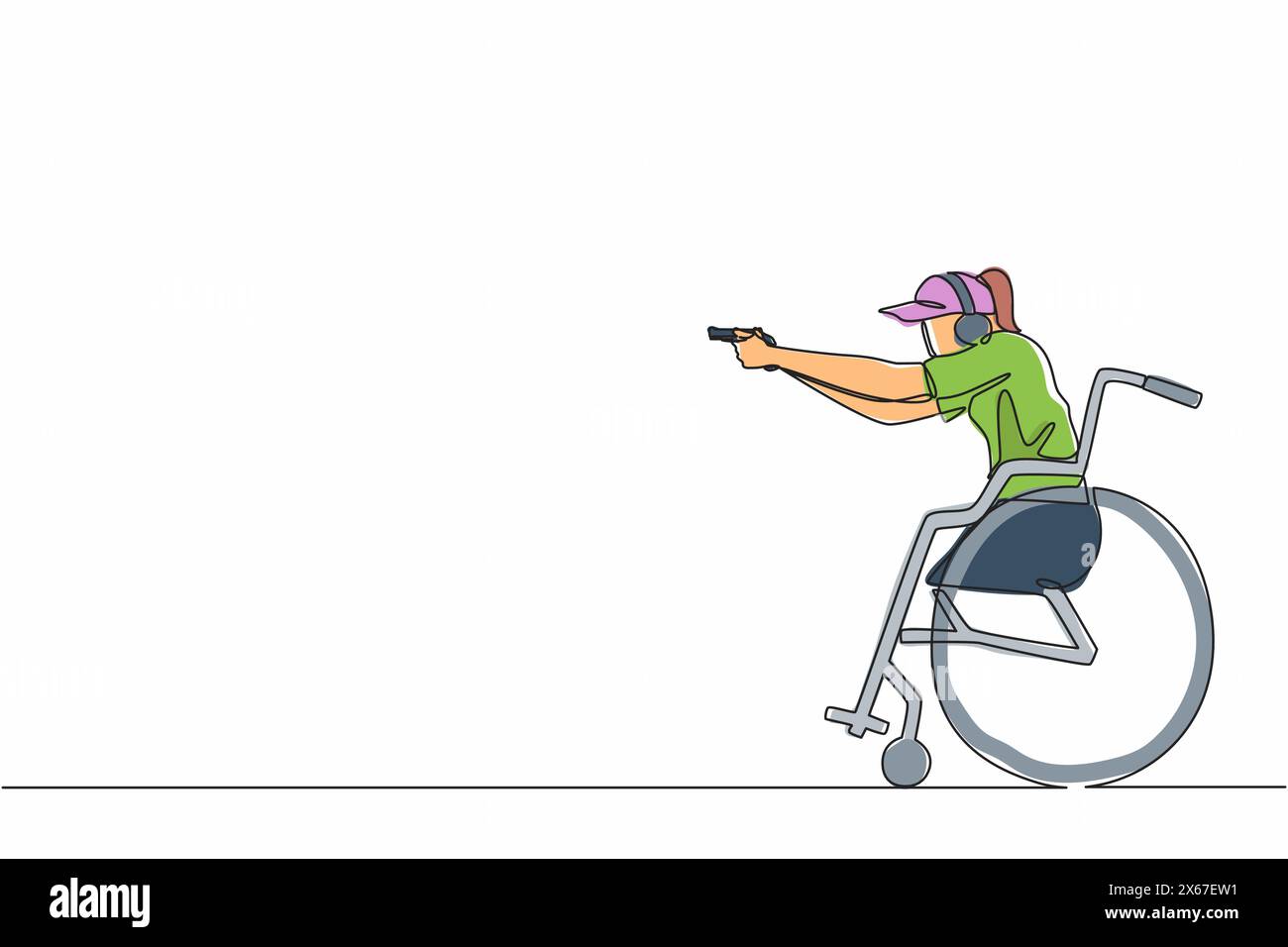 Single continuous line drawing young sportswoman in wheelchair engaged ...
