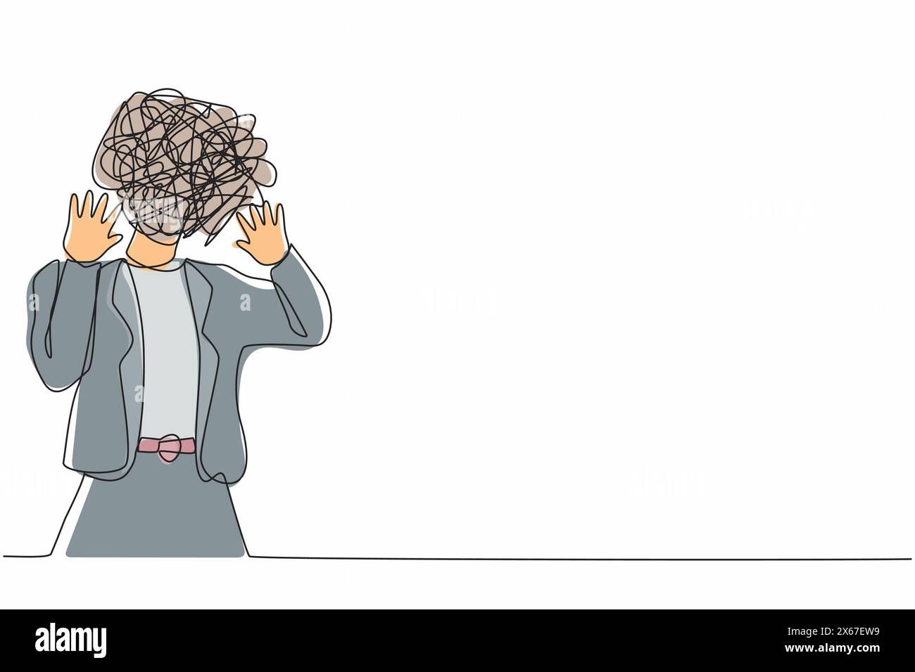 Single one line drawing businesswoman with round scribbles instead of ...