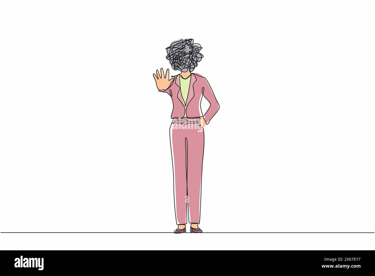 Single continuous line drawing businesswoman with round scribbles ...