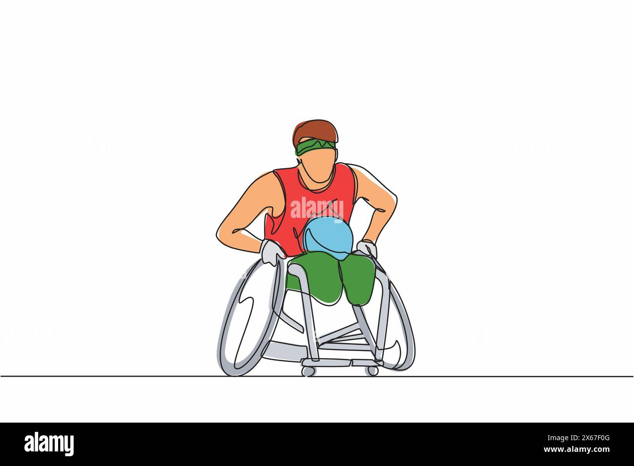 Continuous one line drawing sportsman play rugby on wheelchair sport ...