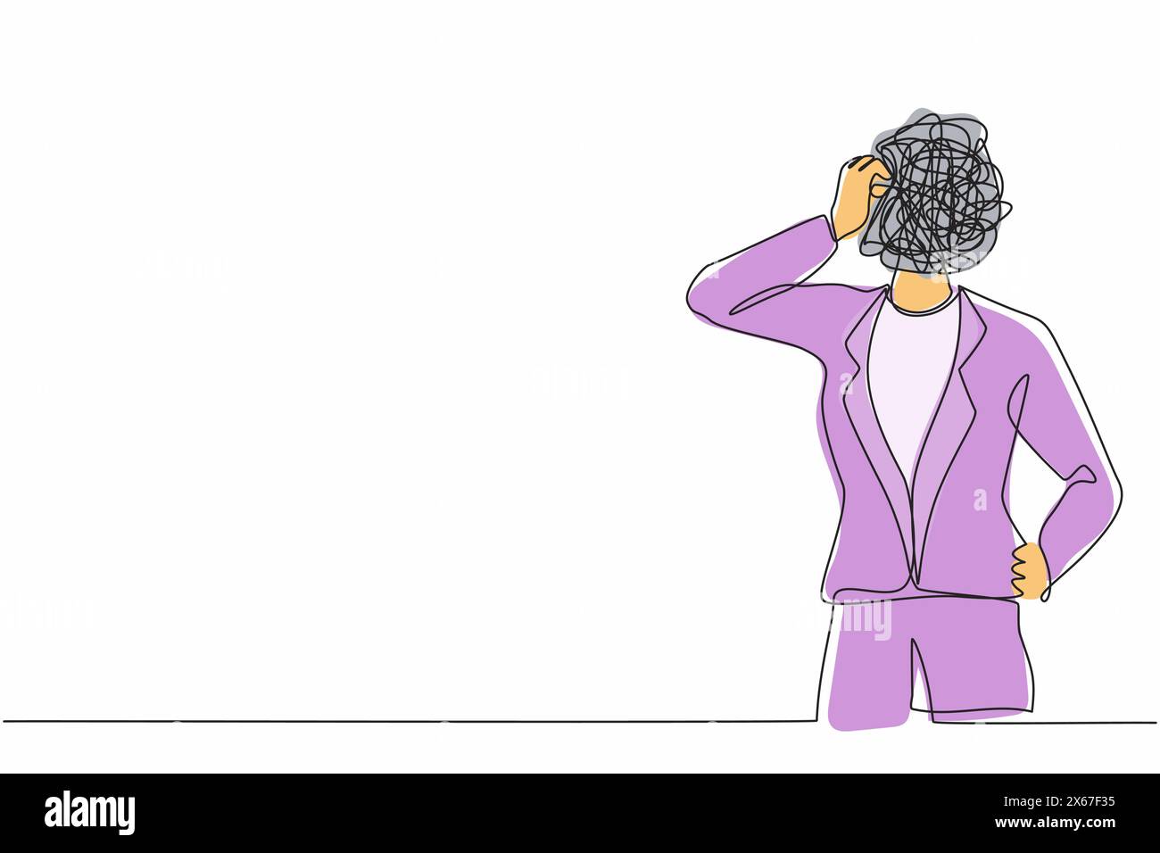 Continuous one line drawing businesswoman with round scribbles instead ...