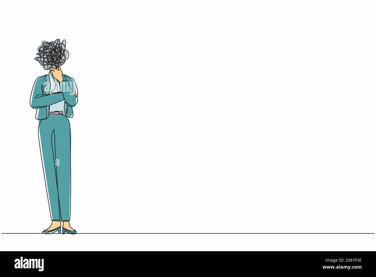 Single continuous line drawing businesswoman with round scribbles ...