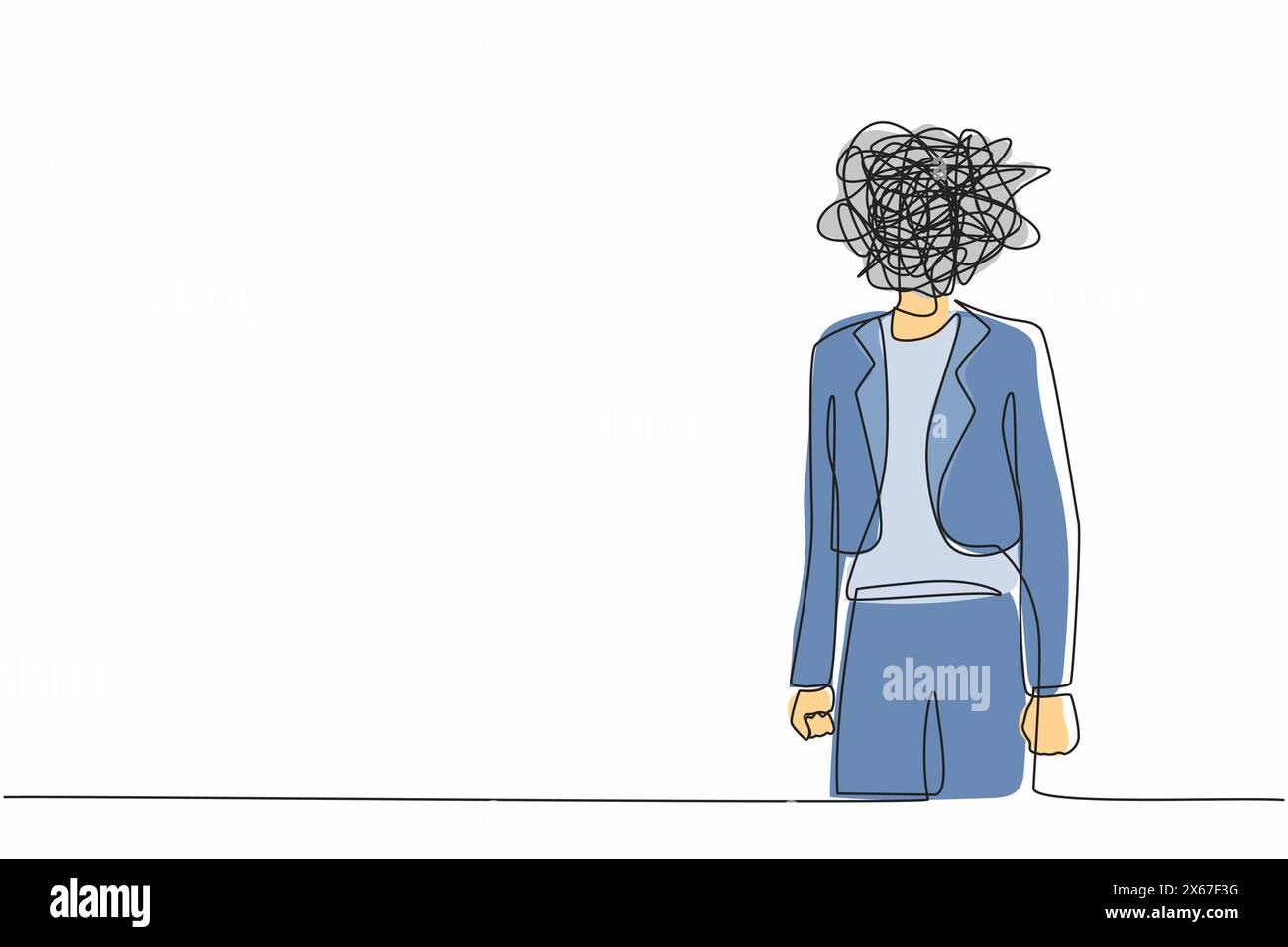 Single continuous line drawing businesswoman with round scribbles ...