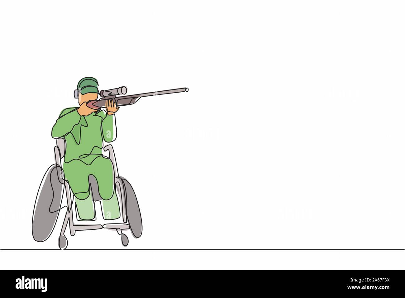 Single continuous line drawing male athlete on wheelchair shooting ...
