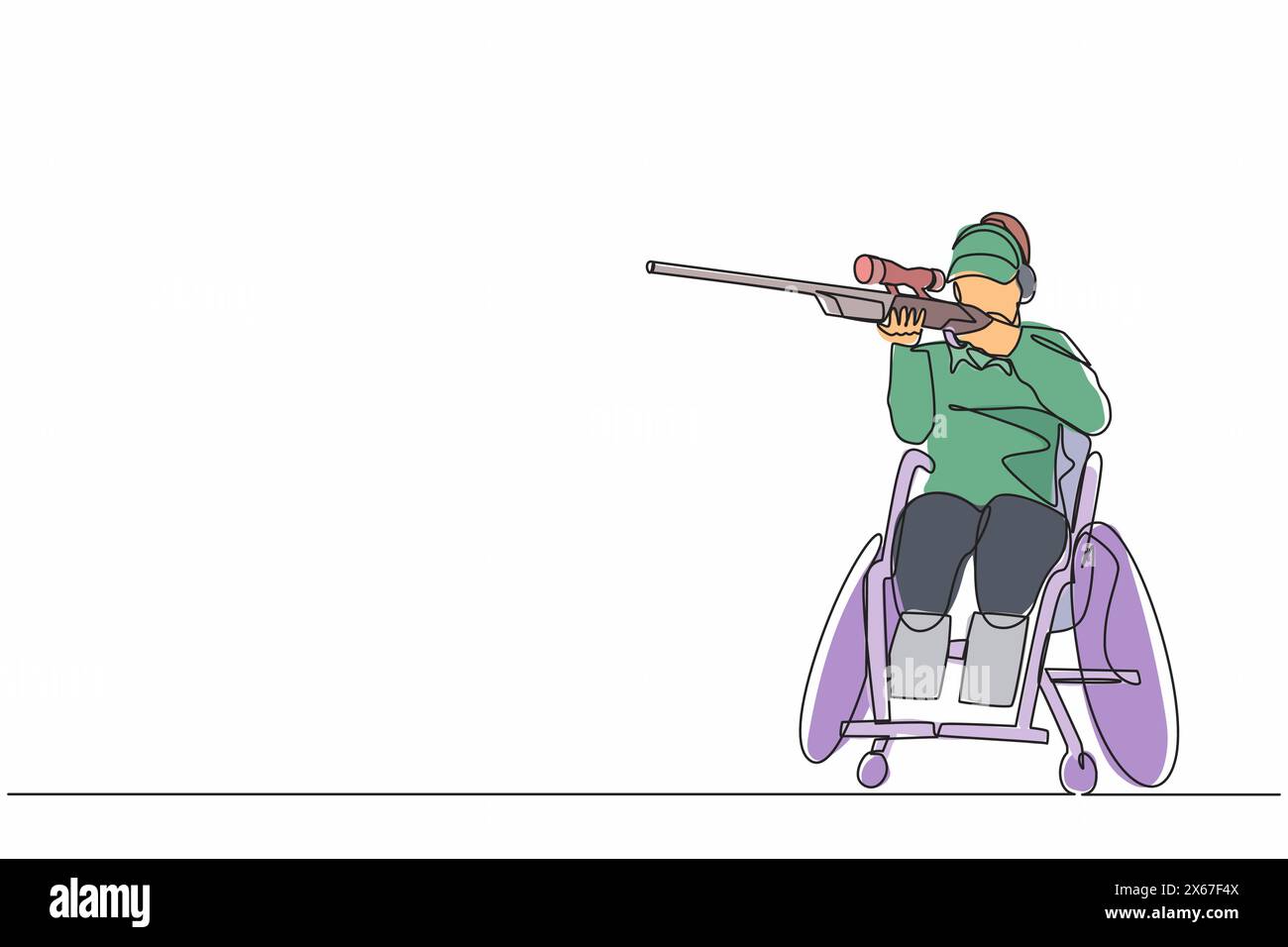 Continuous one line drawing female athlete on wheelchair shooting sport ...