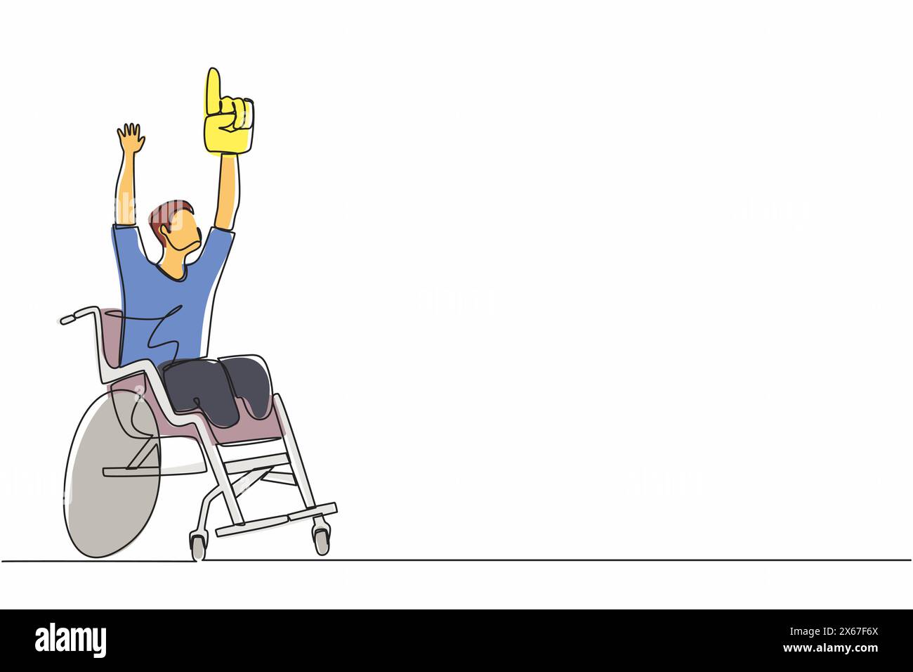 Single one line drawing happy disability young man in wheelchair ...