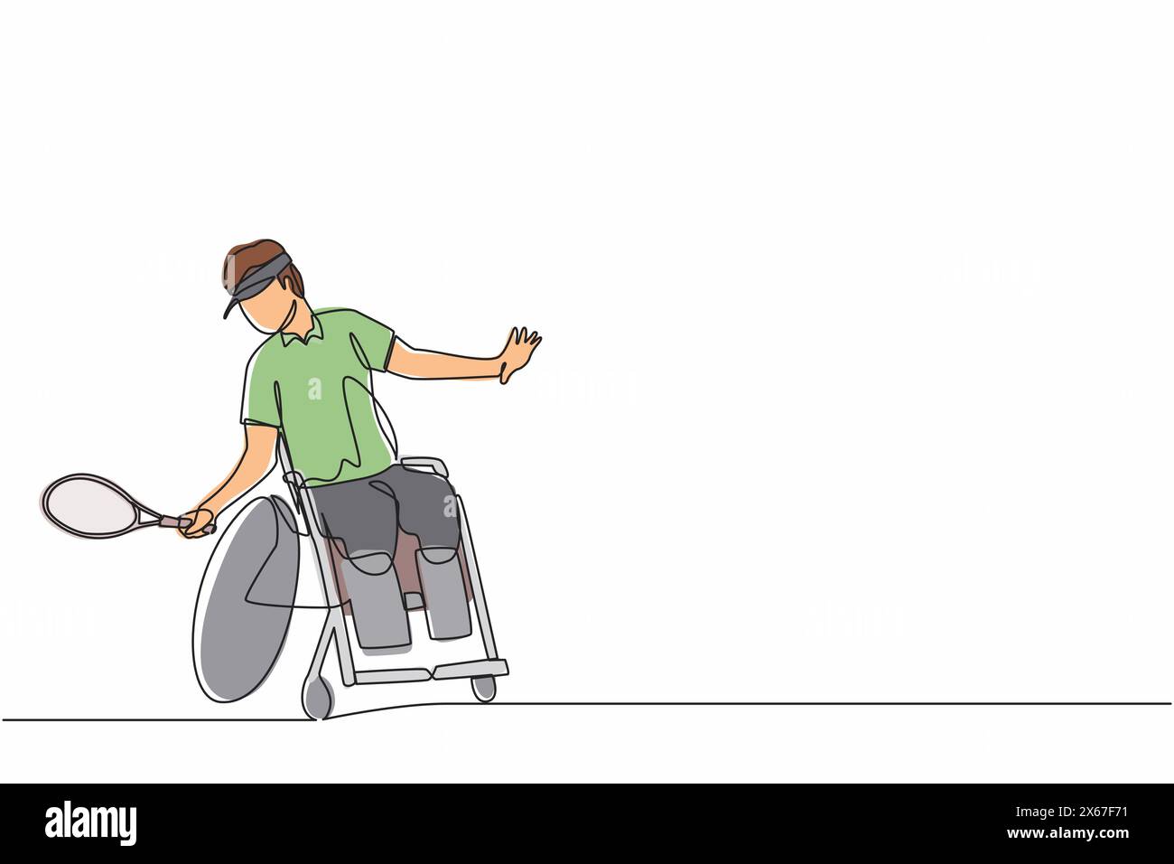 Continuous one line drawing sportsman with wheelchair playing tennis ...
