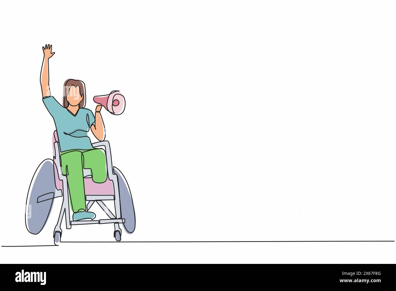 Continuous one line drawing happy disability young woman in wheelchair ...