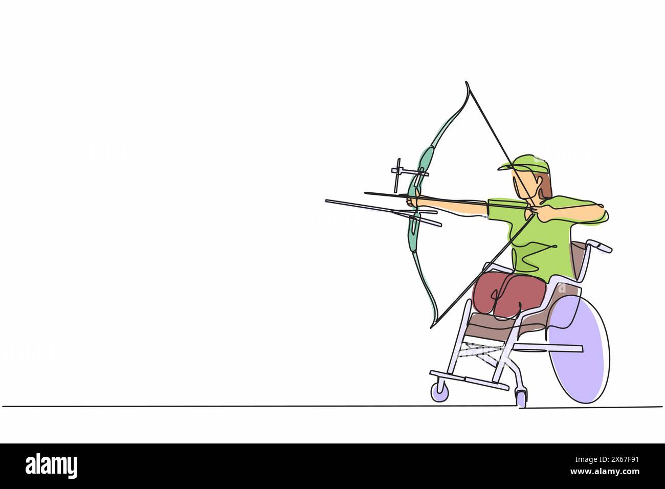 Single continuous line drawing disabled archer female athlete aiming with sports bow. Archery ...