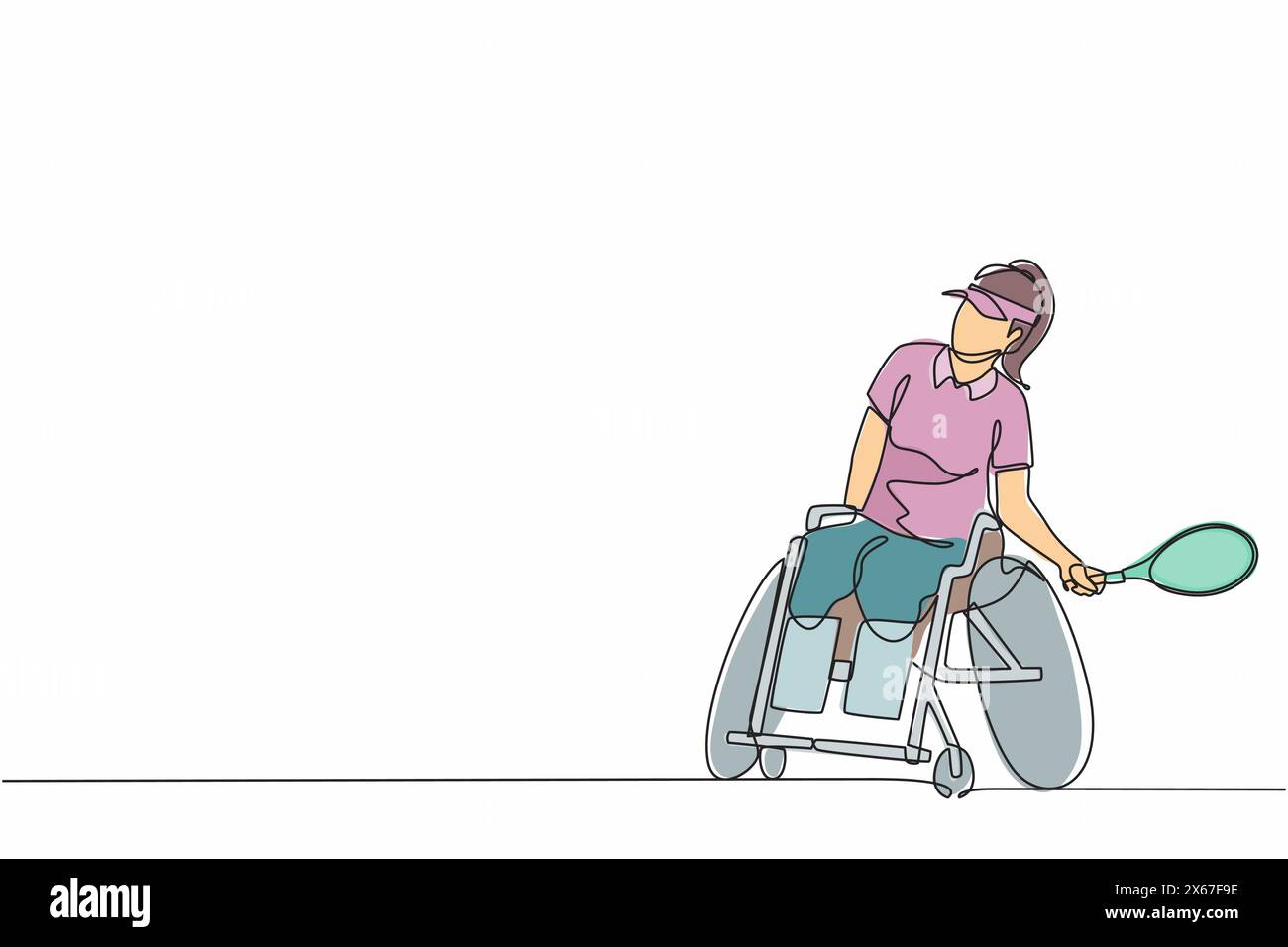 Continuous one line drawing sportswoman with wheelchair playing tennis ...