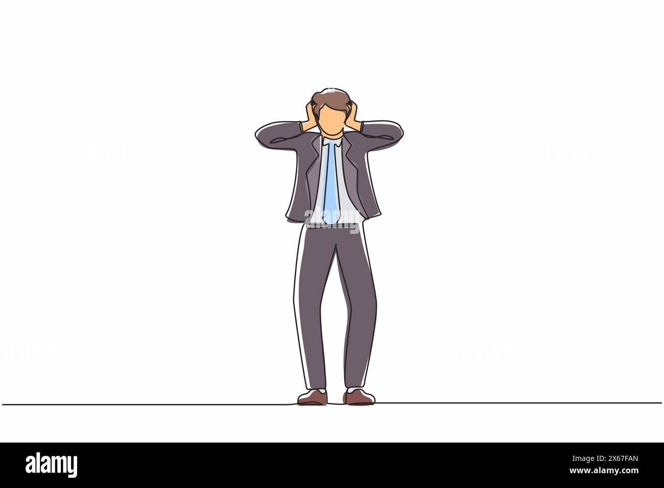 Continuous one line drawing stressed businessman with headache, hands ... Continuous one line drawing stressed businessman with headache, hands ...