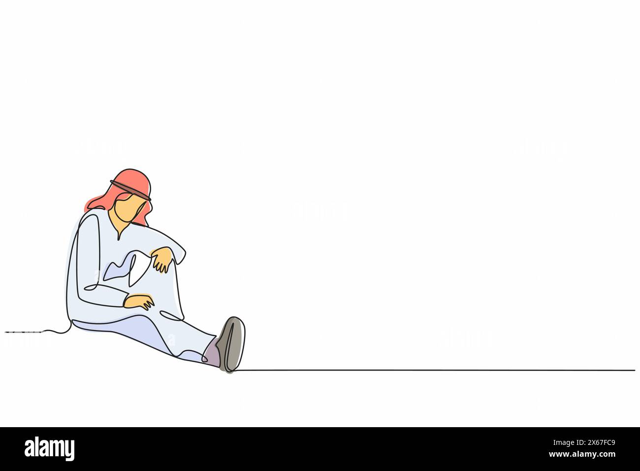 Single one line drawing depressed Arab businessman with briefcase ...