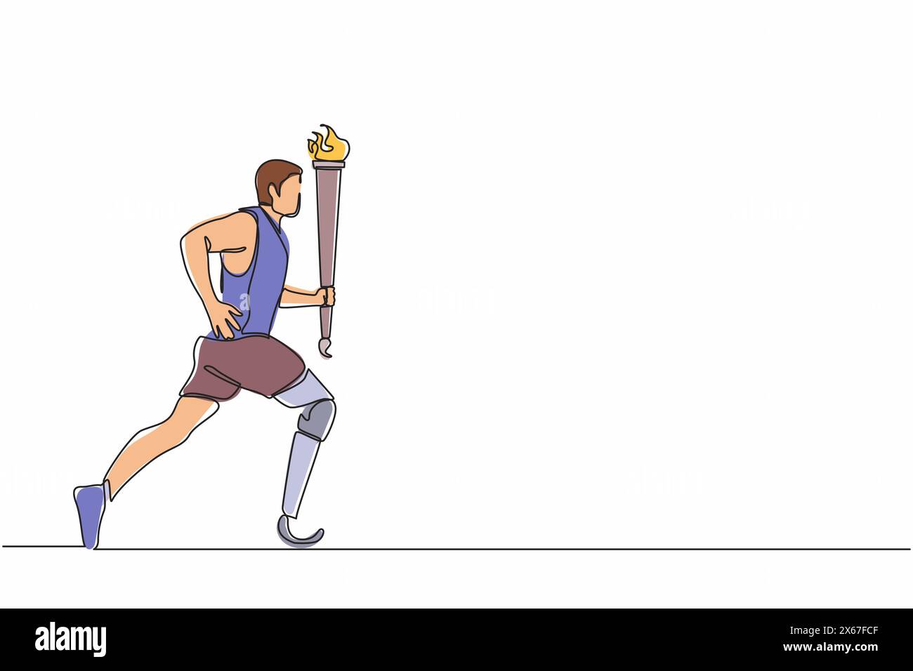 Continuous one line drawing disabled young athlete with prosthetic leg ...