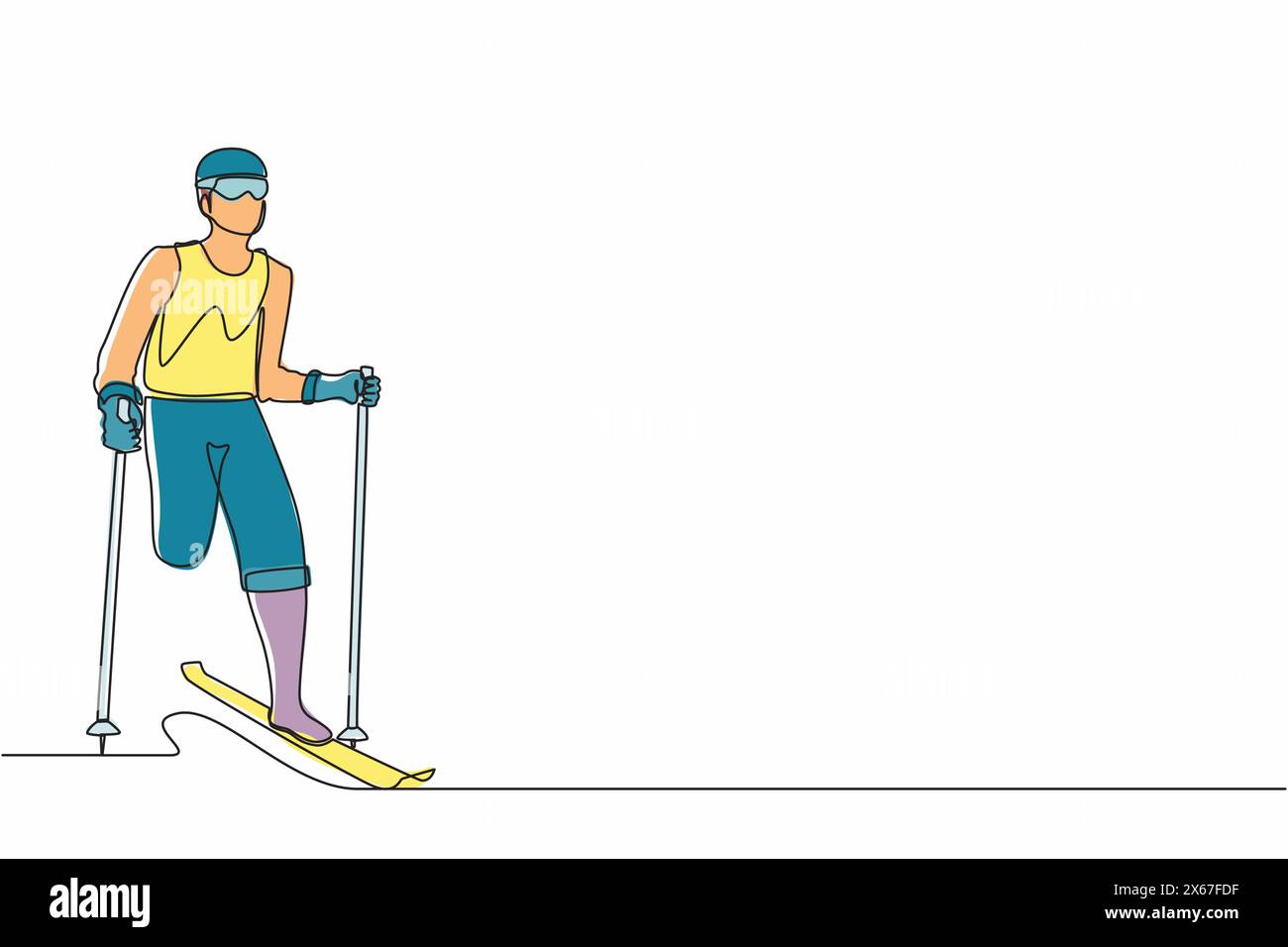 Single one line drawing male athlete skier without legs skiing in snow ...