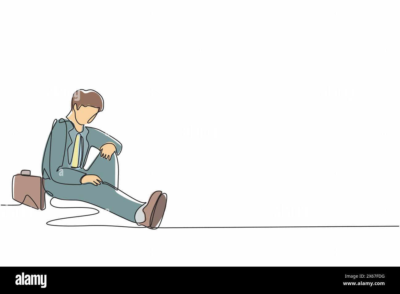 Single one line drawing depressed businessman with briefcase sitting in ...