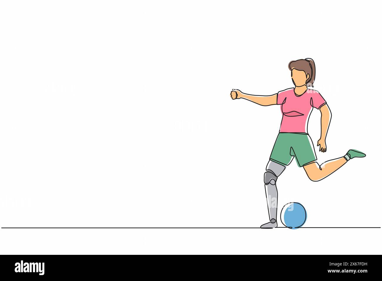 Continuous one line drawing disabled woman athlete playing football ...