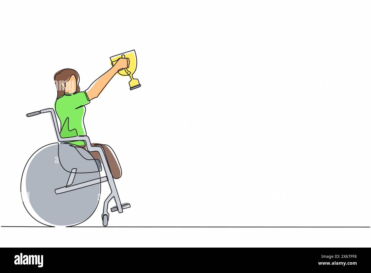Continuous one line drawing happy sportswoman in wheelchair hold golden ...