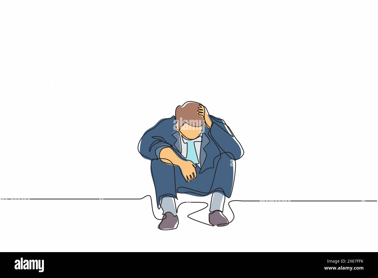 Single one line drawing businessman feeling sad, depression, holding ...