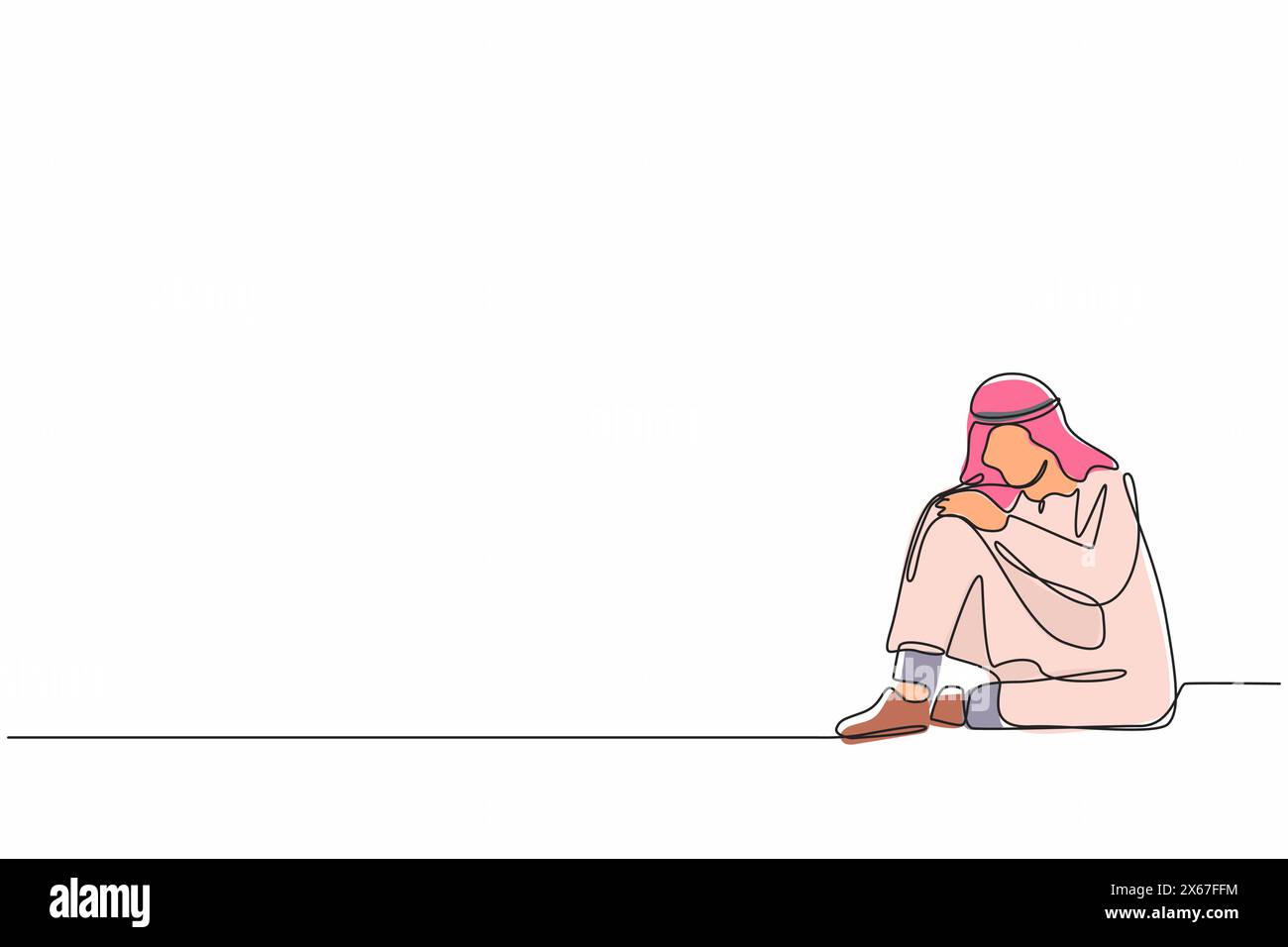Continuous one line drawing very sad Arab businessman sitting alone on ... Continuous one line drawing very sad Arab businessman sitting alone on ...