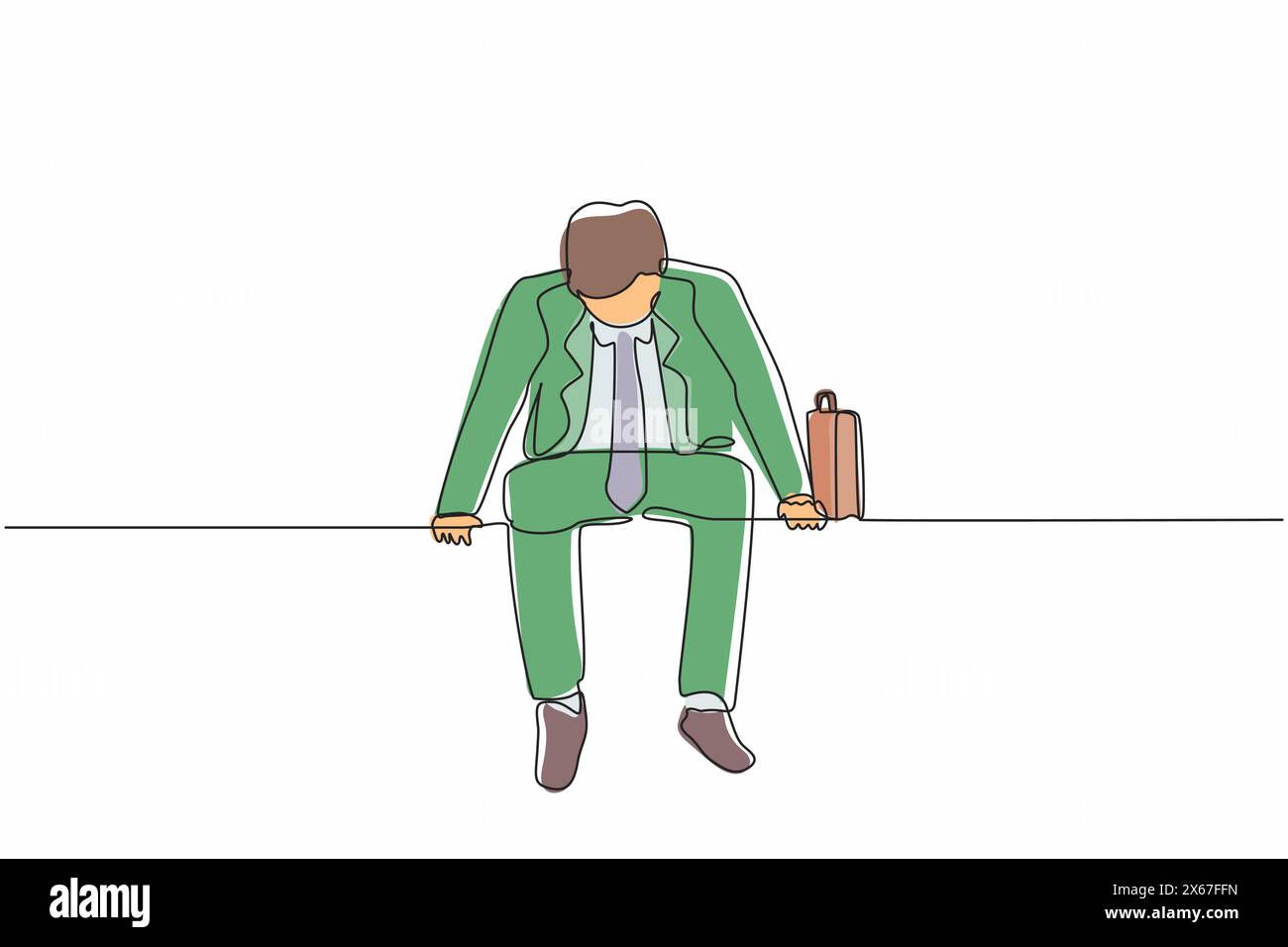 Continuous one line drawing sad businessman sits at bench alone. Man ...