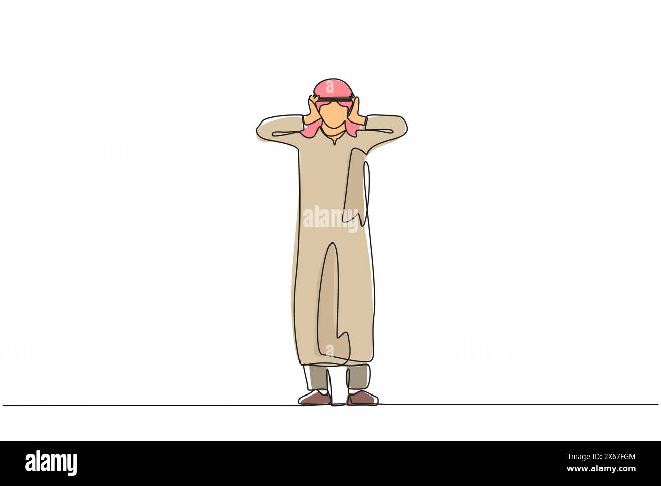 Continuous one line drawing stressed Arabian businessman with headache ...