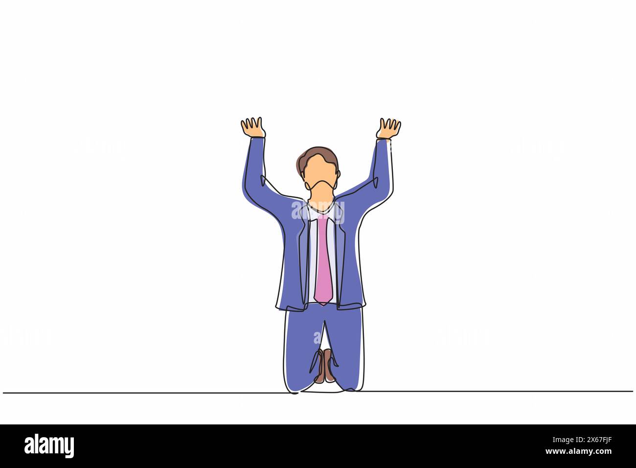 Continuous one line drawing sad shocked businessman kneeling and pray ...
