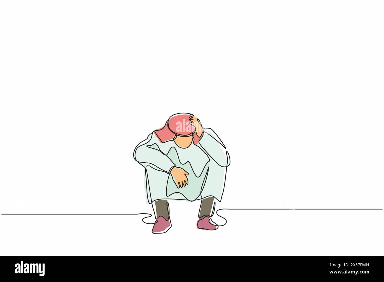 Single continuous line drawing Arab businessman feeling sad, depression ...