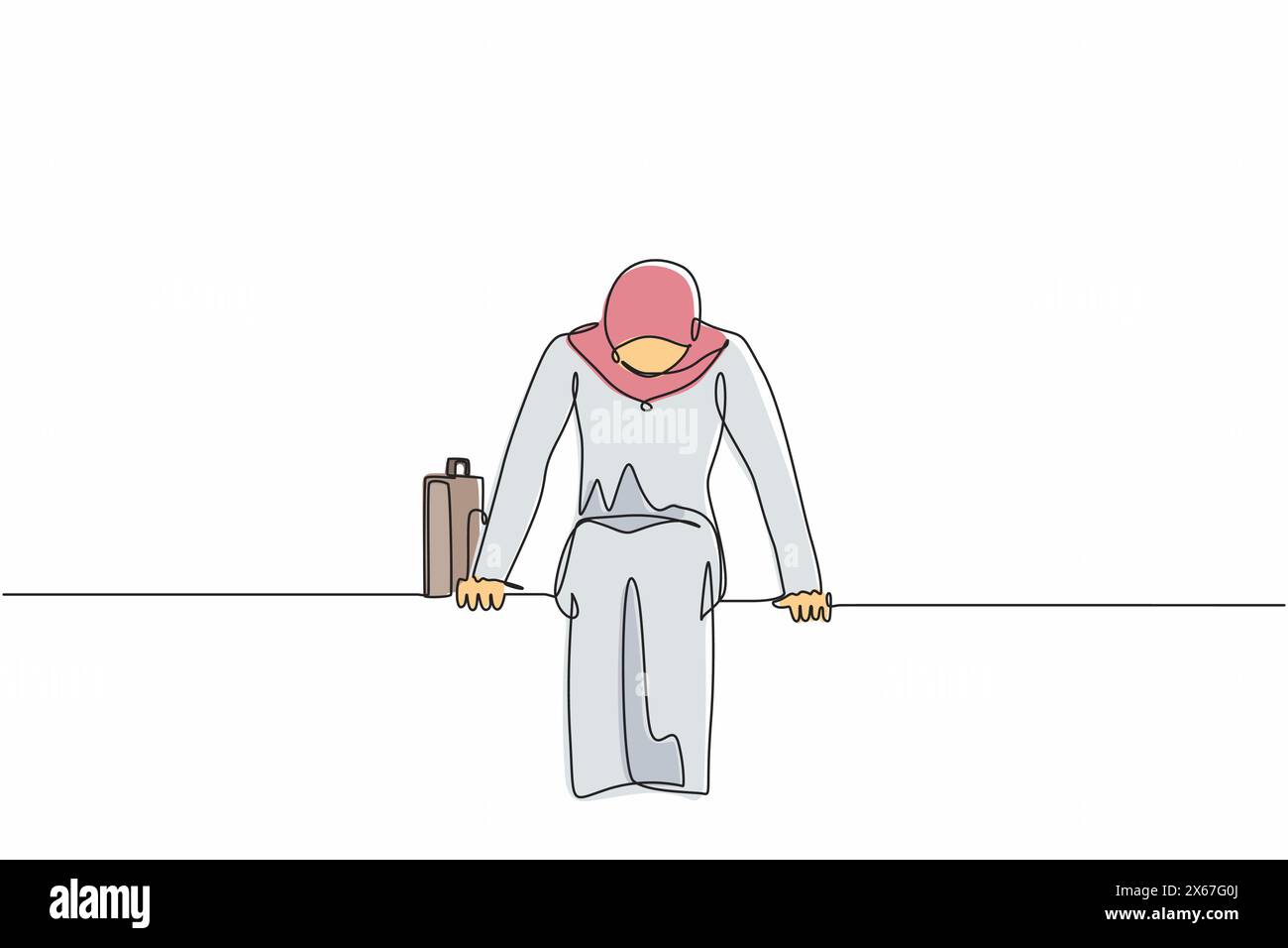 Continuous one line drawing sad Arabian businesswoman sits at bench ...