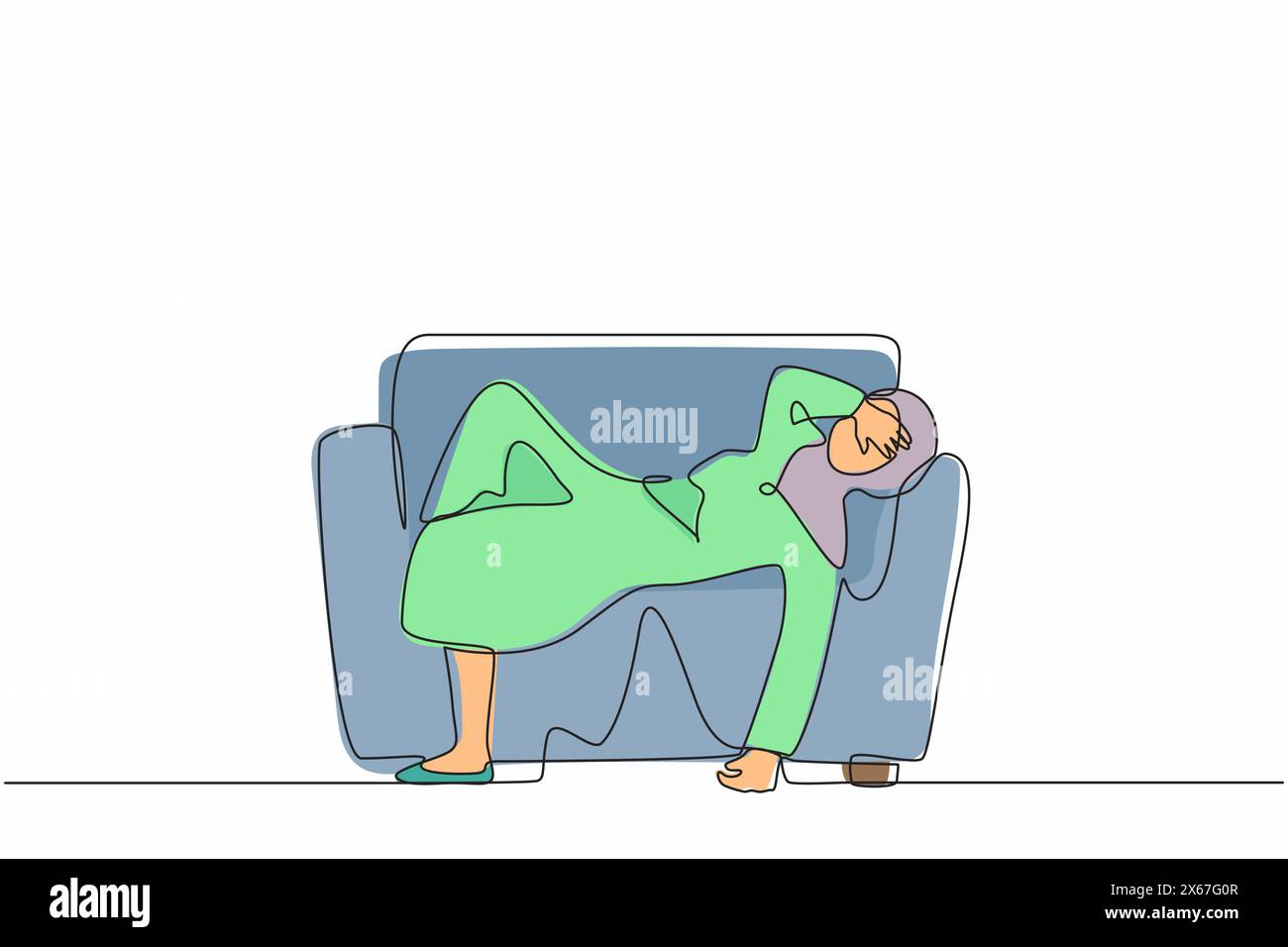 Continuous one line drawing unhappy Arab businesswoman sad tired sleepy ...