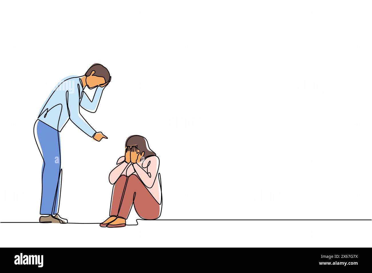 Single continuous line drawing scared female afraid of husband ...