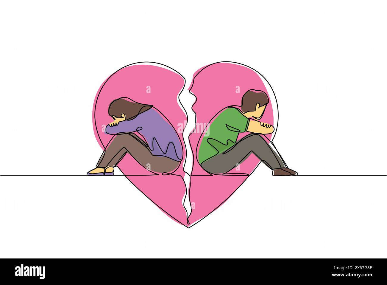 Single one line drawing couple of man and woman, sitting back to back ...