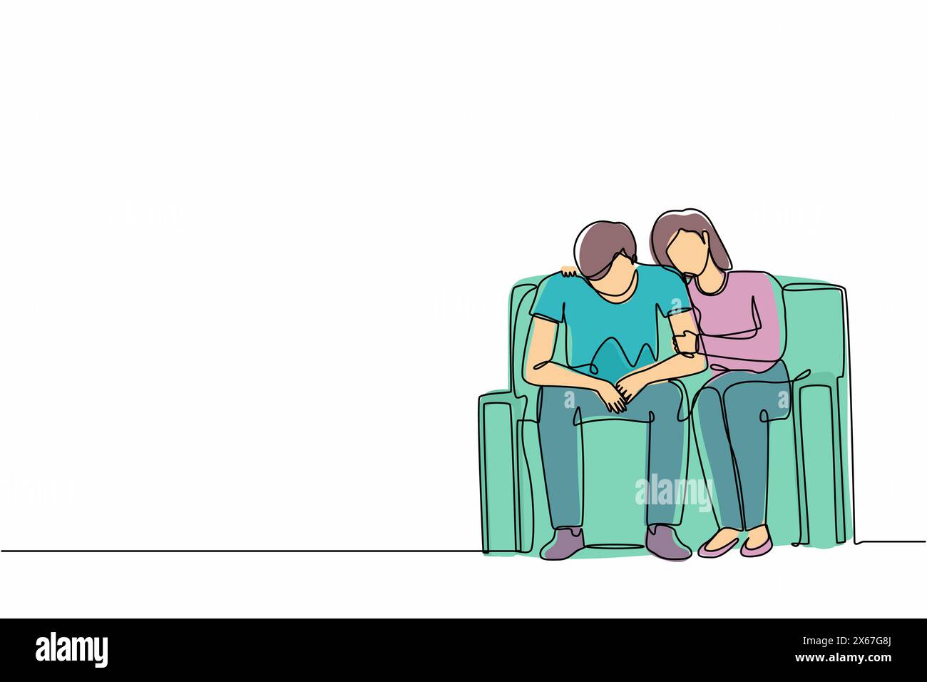 Single one line drawing young caring woman sitting on sofa, hugging ...