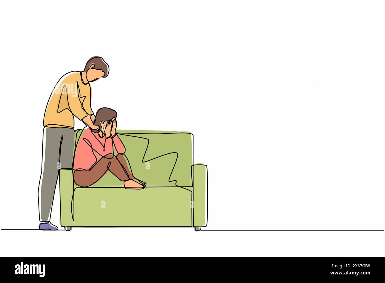 Continuous one line drawing man giving support and comfort to depressed ...