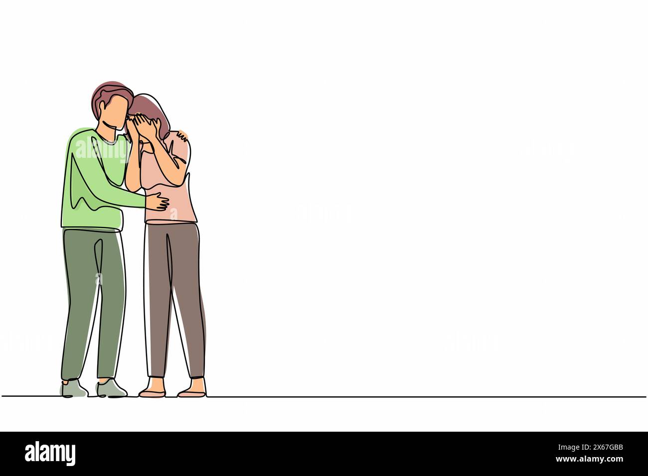 Continuous one line drawing man hugging soothing sad depressed ...