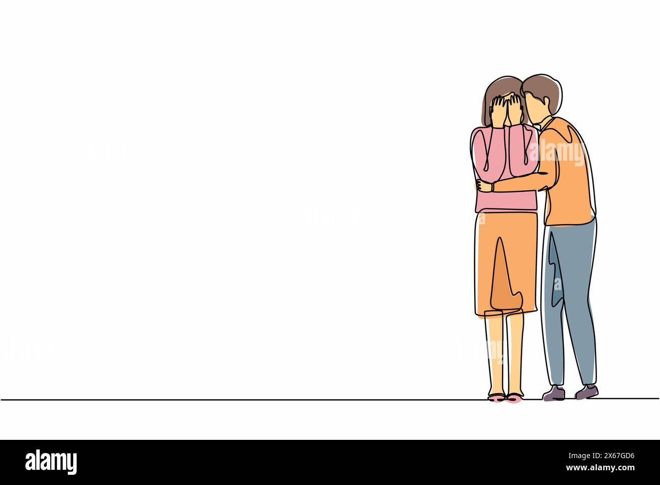 Single one line drawing man comforting her crying best friend ...