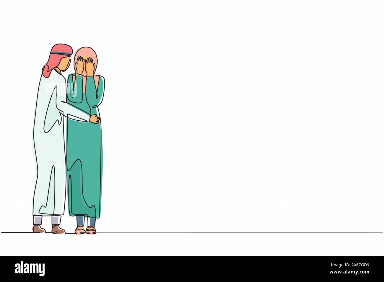 Single continuous line drawing Arabian man comforting her crying best ...