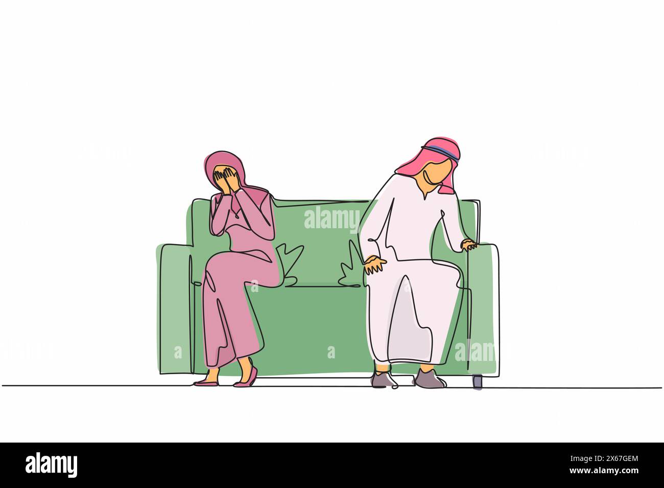 Continuous one line drawing sad unhappy Arabian husband and wife ...