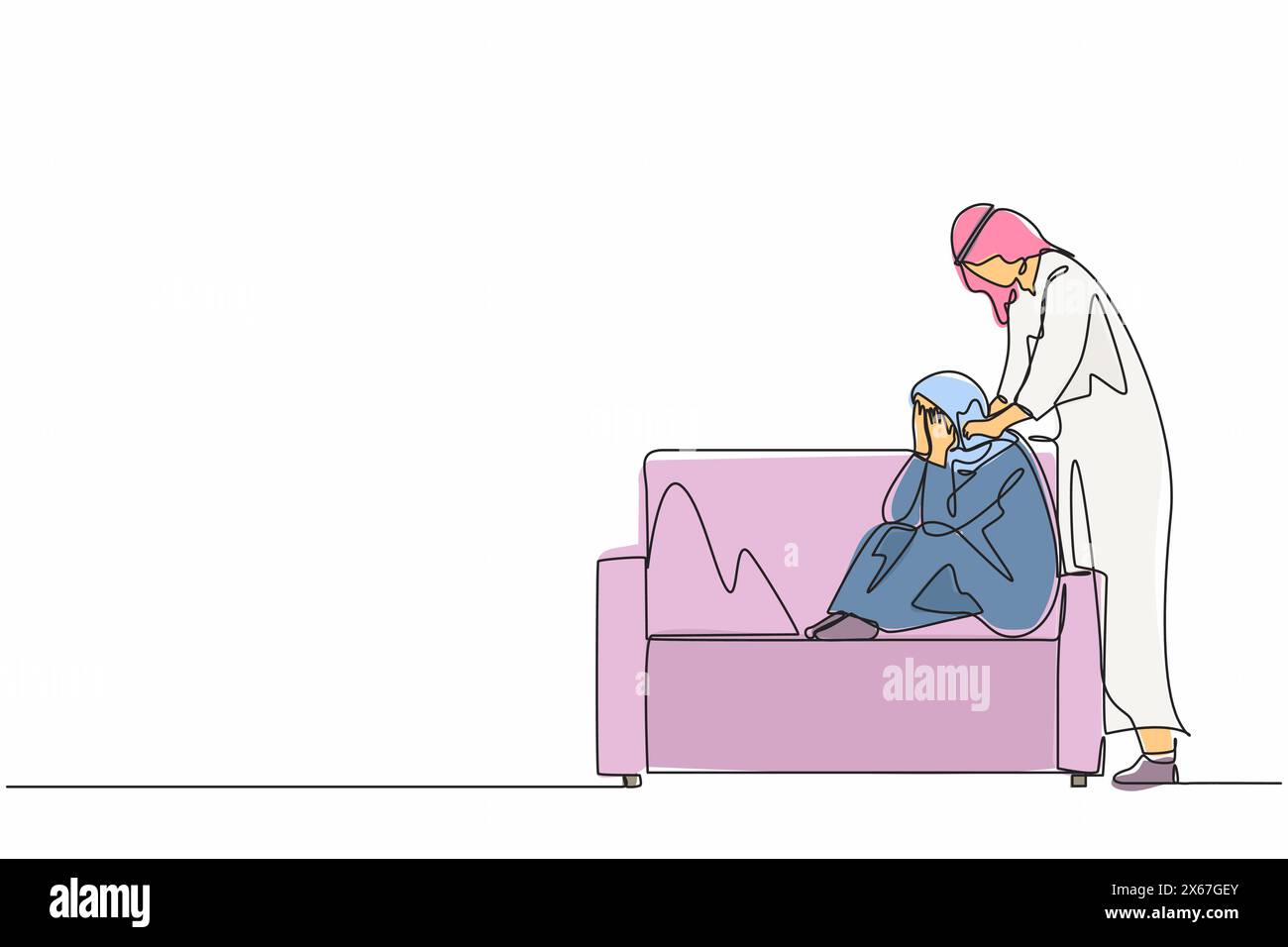 Continuous one line drawing Arab man giving support and comfort to ...