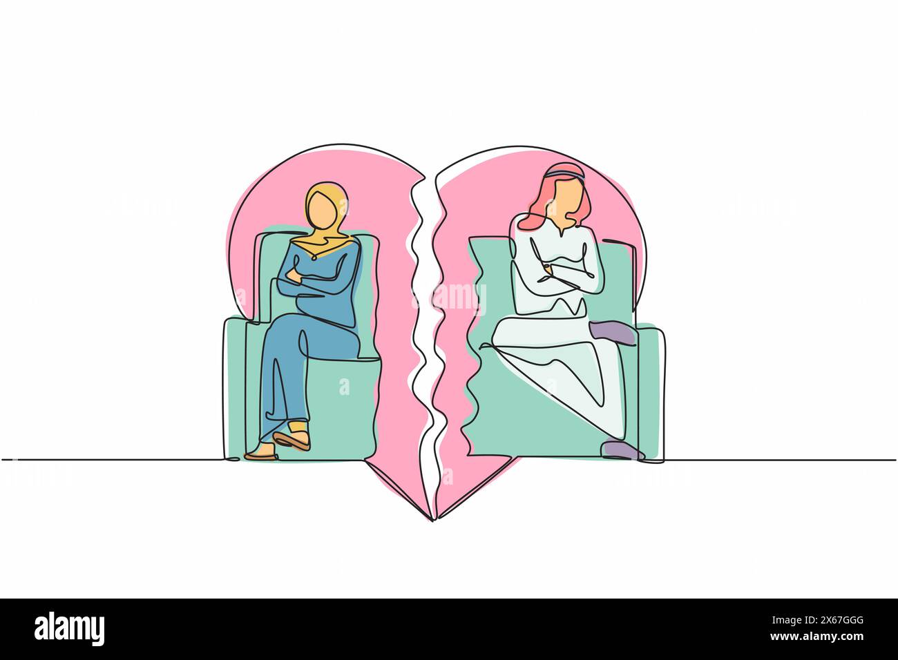 Single one line drawing unhappy stubborn Arab couple sit separate on ...