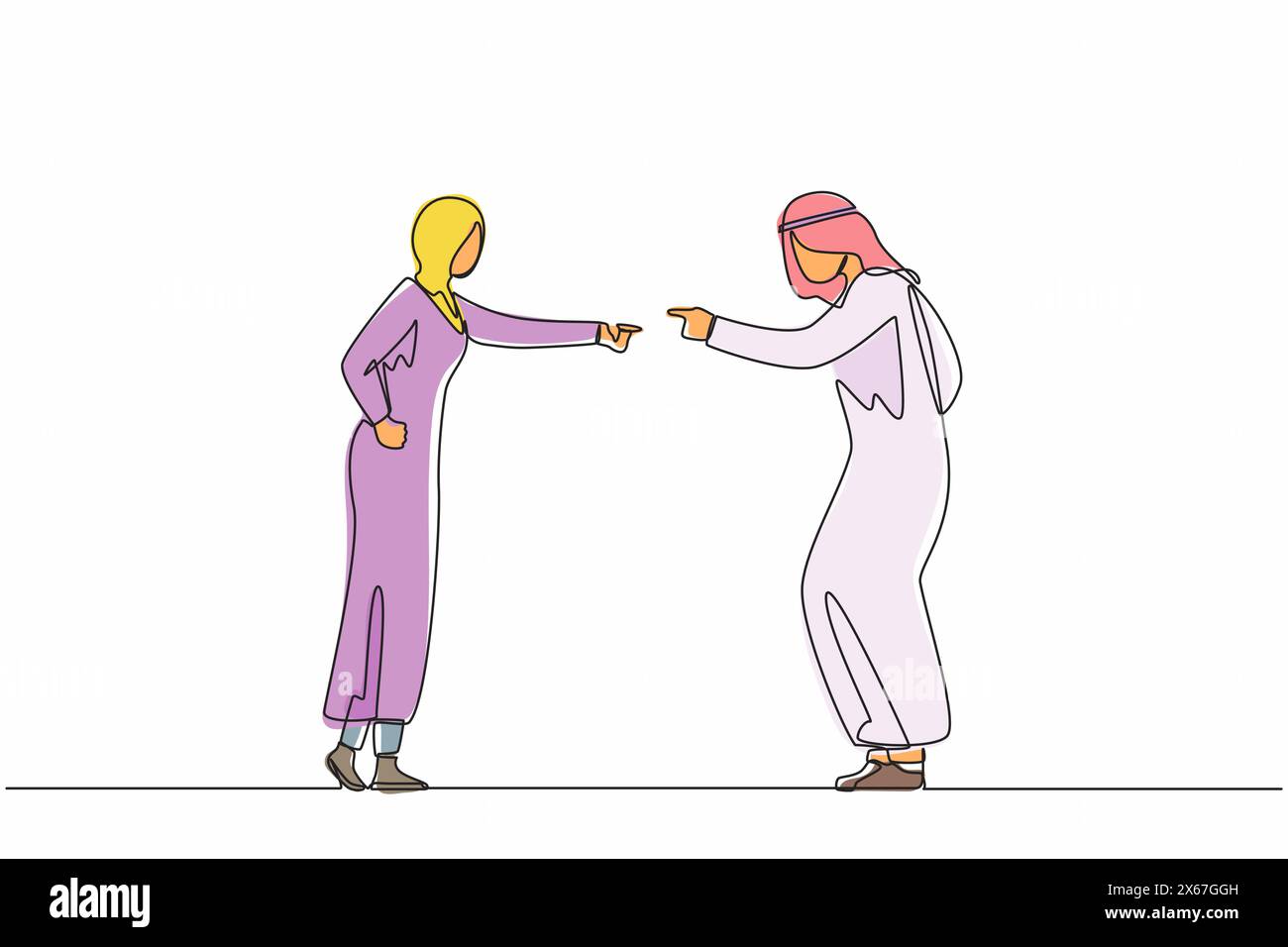 Continuous one line drawing angry aggressive Arabian couple man husband ...